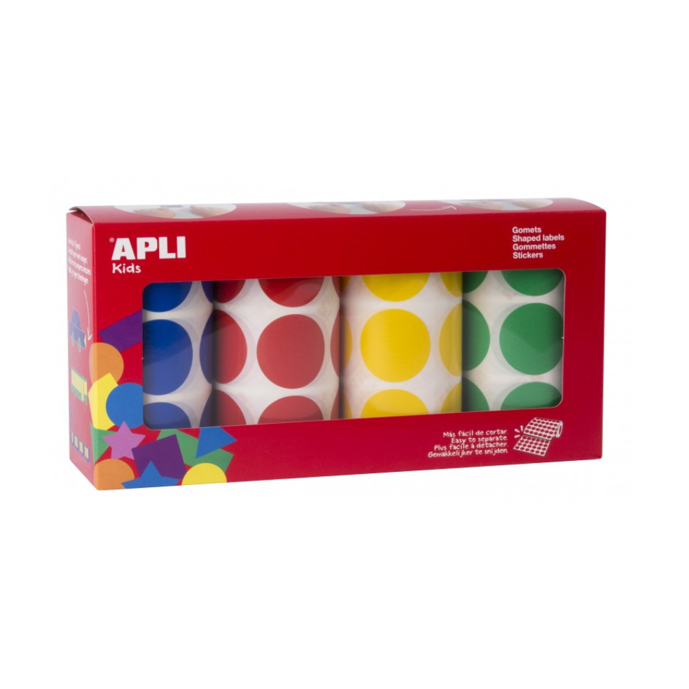 Boîte de rouleaux de gommettes rondes Ø 33 mm jaune, bleu, rouge et ...